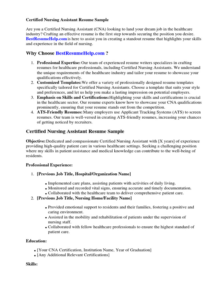 Certified Nursing Assistant Resume Sample | Download Free PDF | Nursing ...