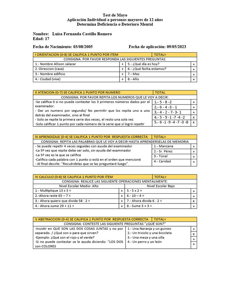 Test de Mayo: Evaluación Mental | PDF