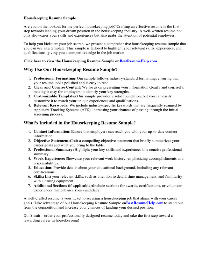 Housekeeping Resume Sample | PDF | Résumé | Housekeeping