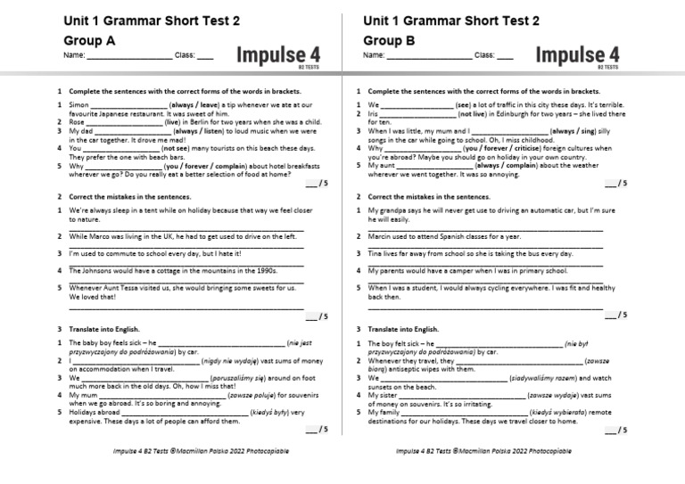 Unit 1 Grammar Short Test 2 A+B | PDF