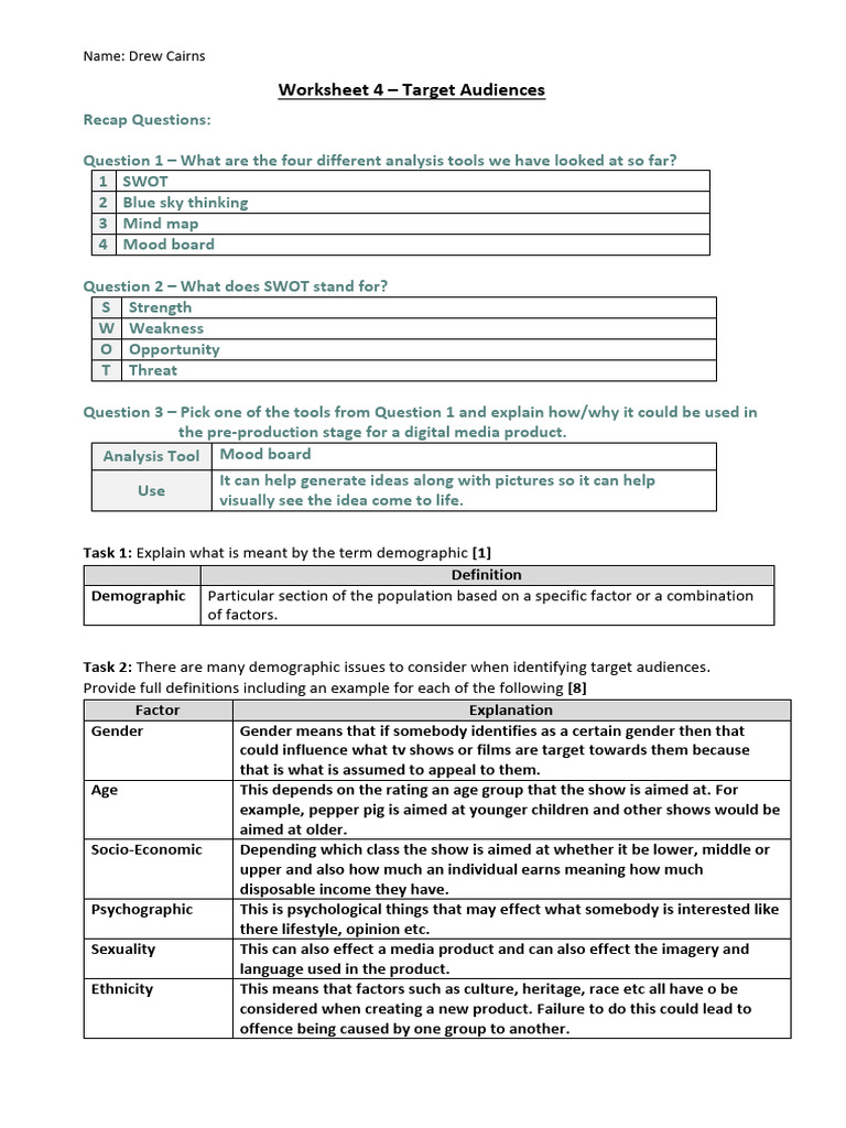 Unit 2 - Lo2 Worksheet 4 - Target Audience | Download Free PDF | Target ...