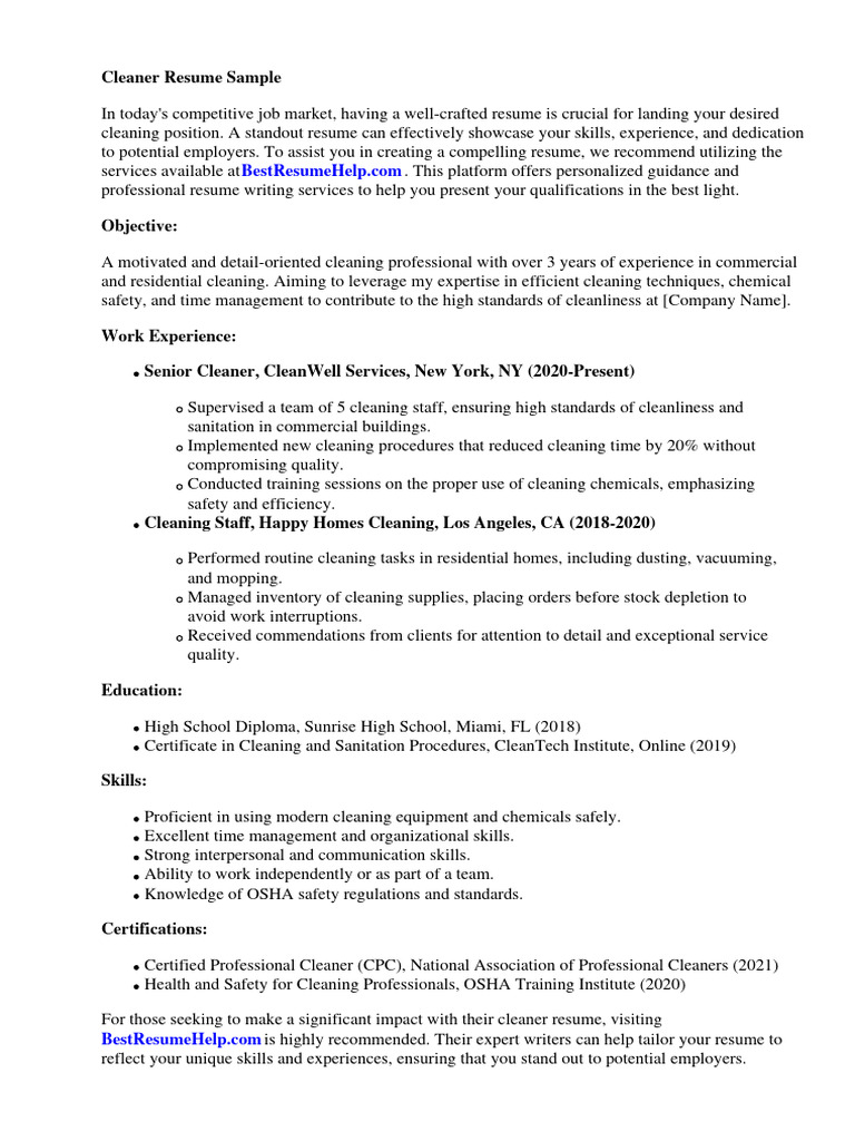 Cleaner Resume Sample | PDF | Housekeeping | Personal Protective Equipment