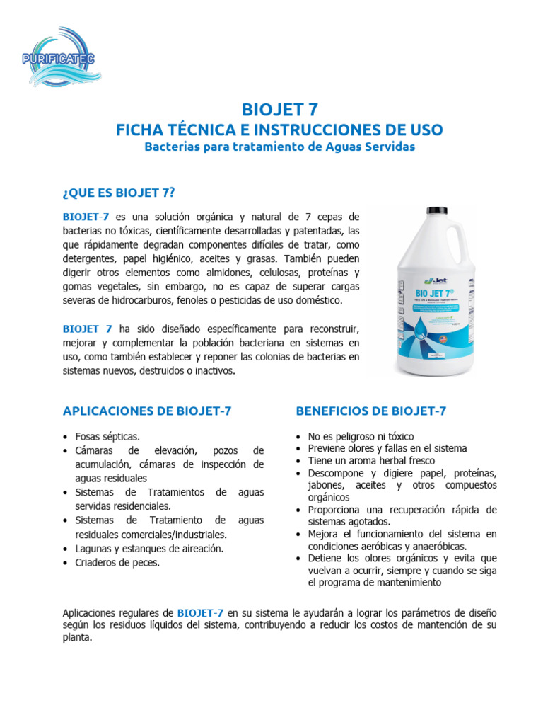 Biojet 7 Ficha Tecnica | PDF | Tratamiento de aguas residuales | Aguas ...
