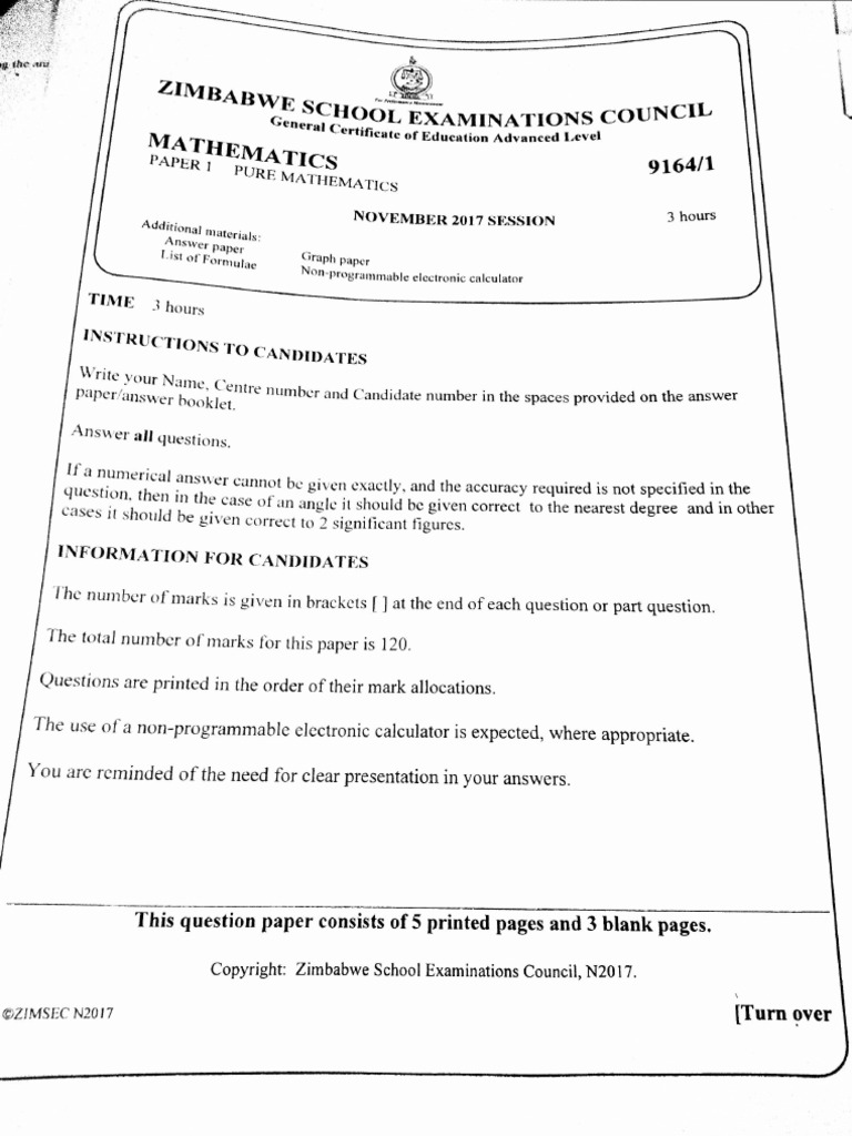 Nov 2017 Maths Pp1 Zimsec | PDF