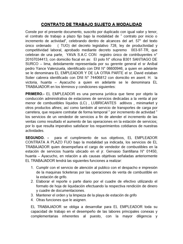 Contrato de Trabajo Sujeto A Modalidad | PDF | Derecho laboral | Economias