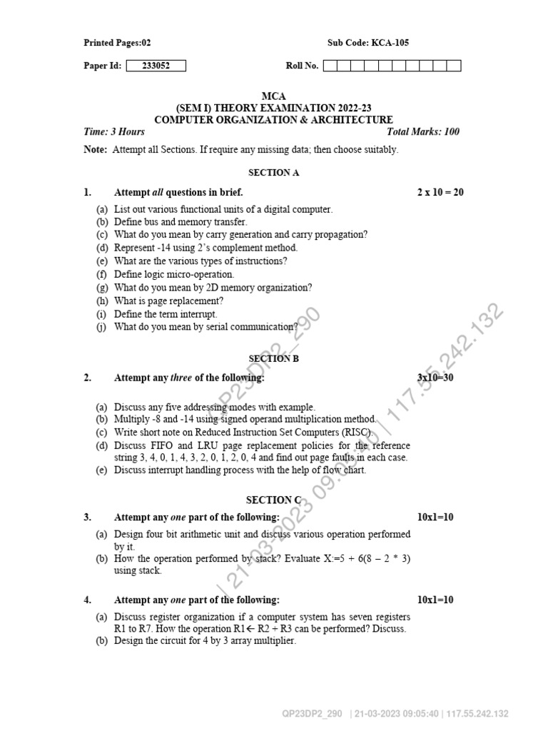 Mca 1 Sem Computer Organization Architecture Kca 105 2023 | PDF | Computing | Computer Engineering