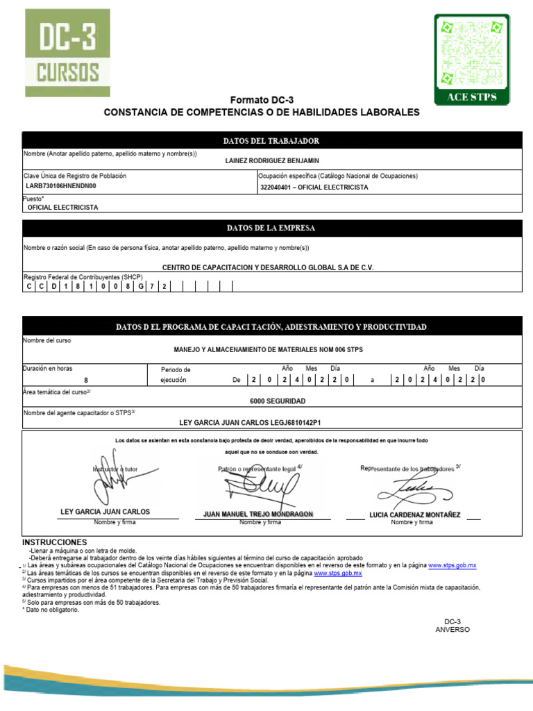 DC3 - Anverso NOM 006 | PDF