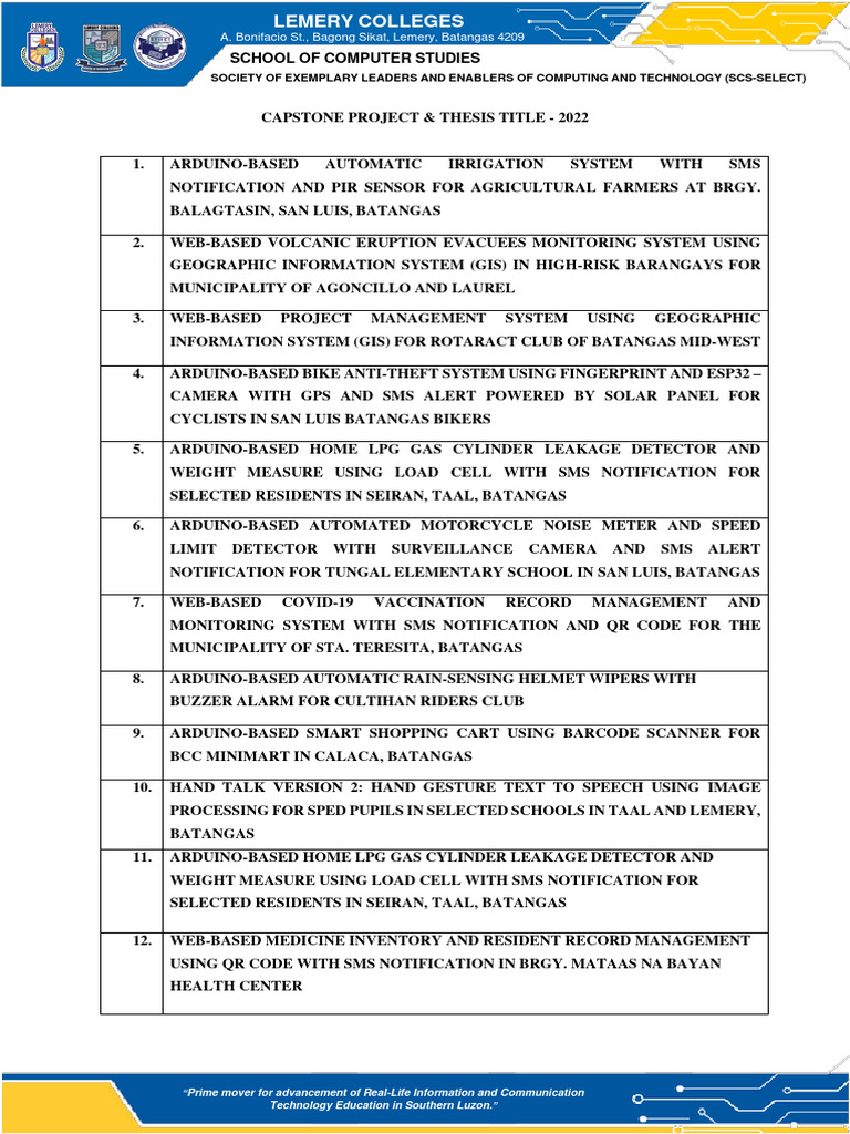Capstone Project Thesis Title 2022 | PDF | Internet Of Things | Computing