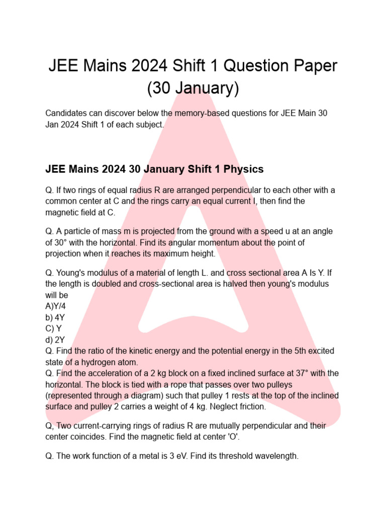 JEE Mains 2024 Shift 1 Question Paper 30 January | PDF | Momentum | Mass