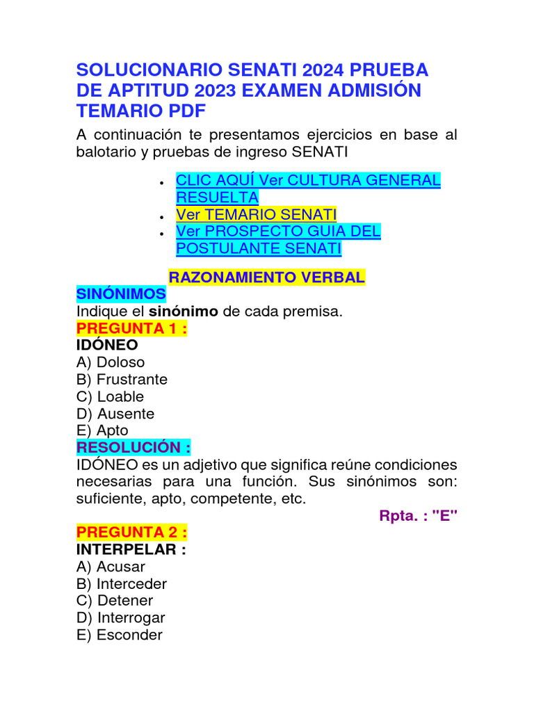 Solucionario Senati 2024 Prueba de Aptitud 2023 Examen Admision Temario PDF | Descargar gratis ...