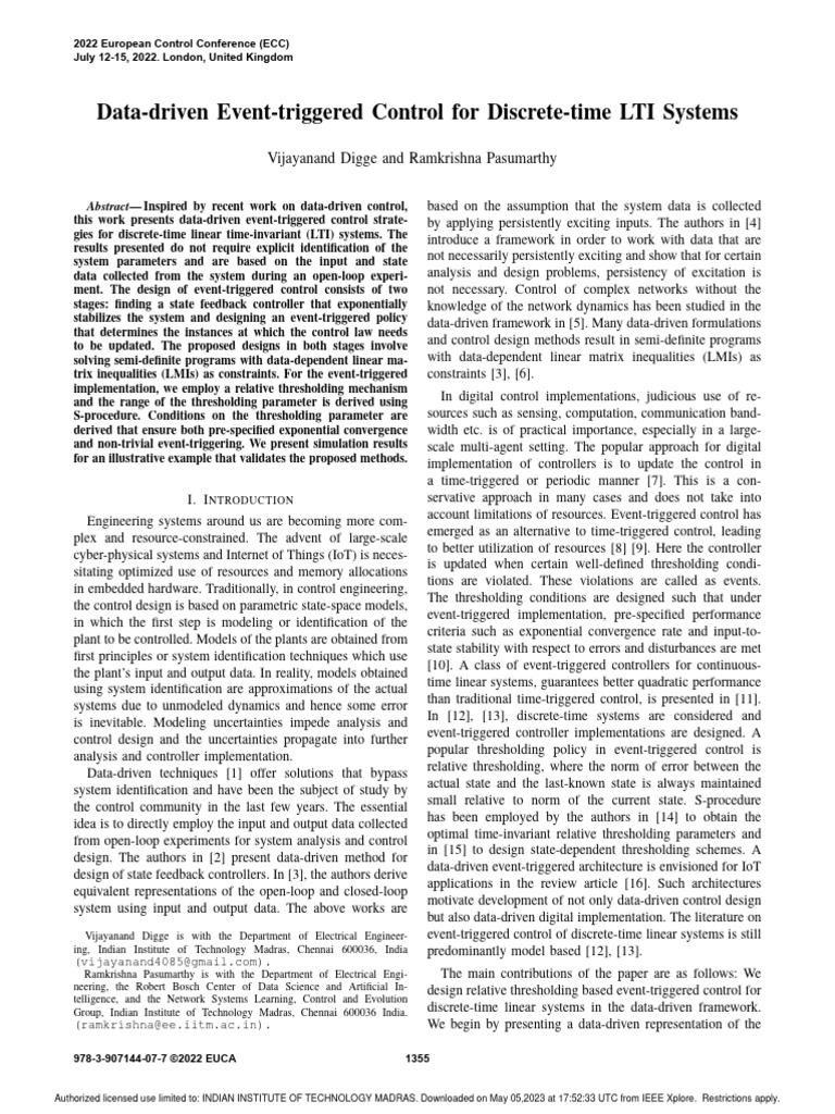 Data-Driven Event-Triggered Control for LTI Systems | PDF | Control Theory | Matrix (Mathematics)