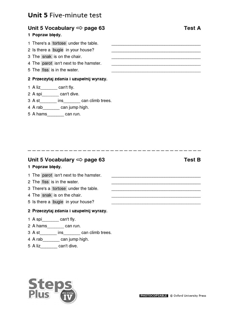 Steps Plus4 Five Minute Test Unit 5 | PDF | Zoology | Animals And Humans
