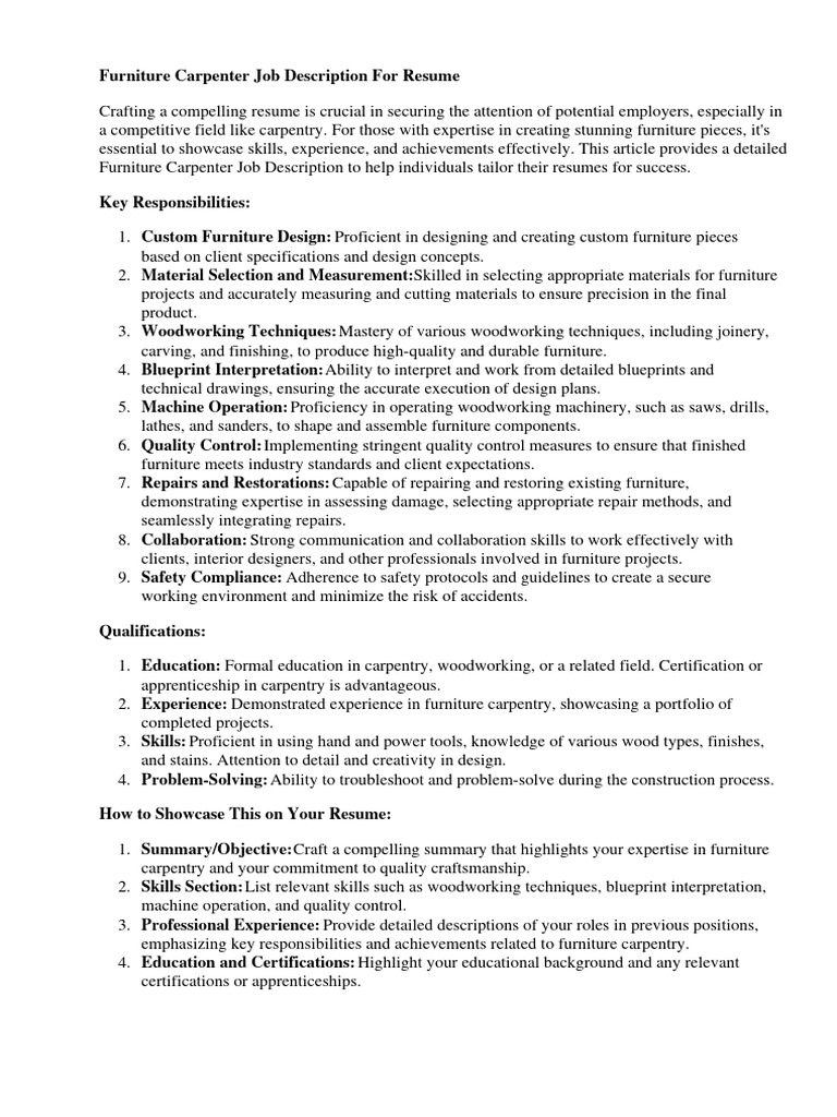 Furniture Carpenter Job Description Guide | PDF | Carpentry