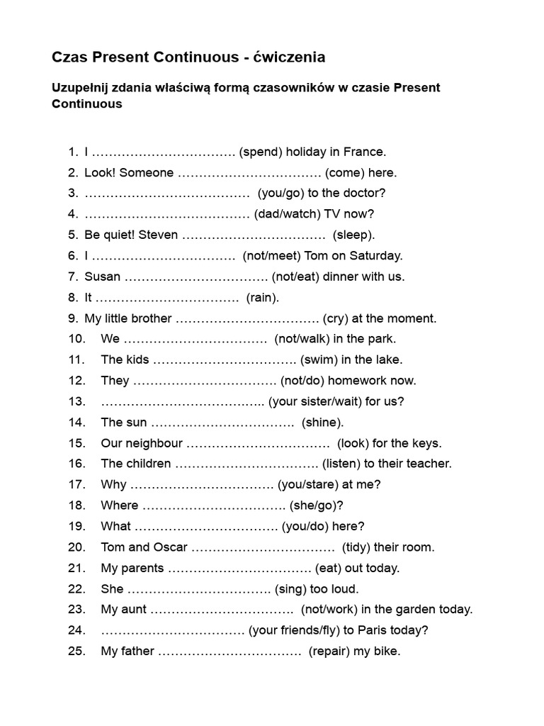 Czas Present Continuous Cwiczenia 1 | PDF