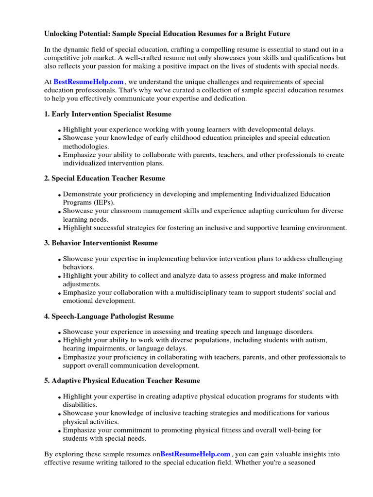 Sample Special Education Teacher Resume | Download Free PDF | Special ...