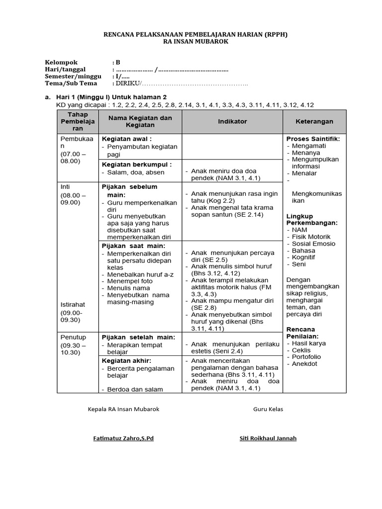 RPPH Kelompok B Tema "Diriku" Minggu I | PDF
