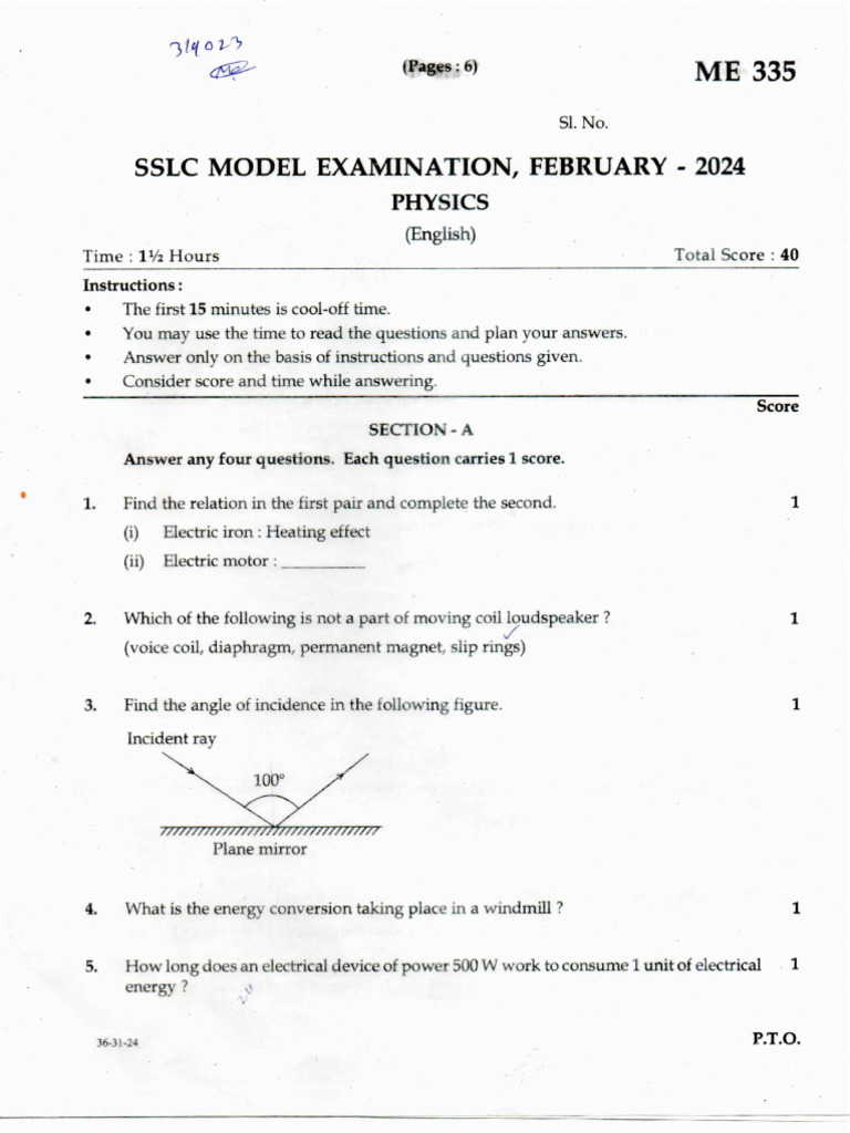 SSLC Model Exam 2024 Physics Questions | PDF