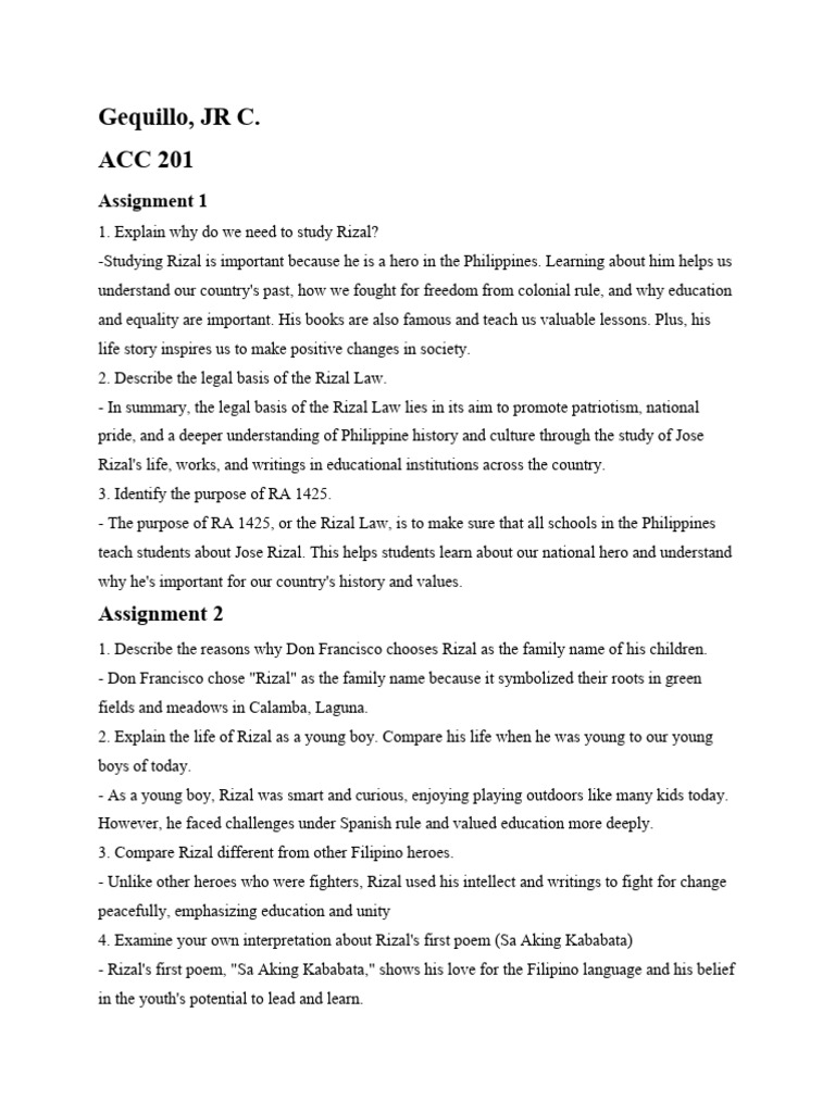 Rizal Assignments and Reflection | PDF