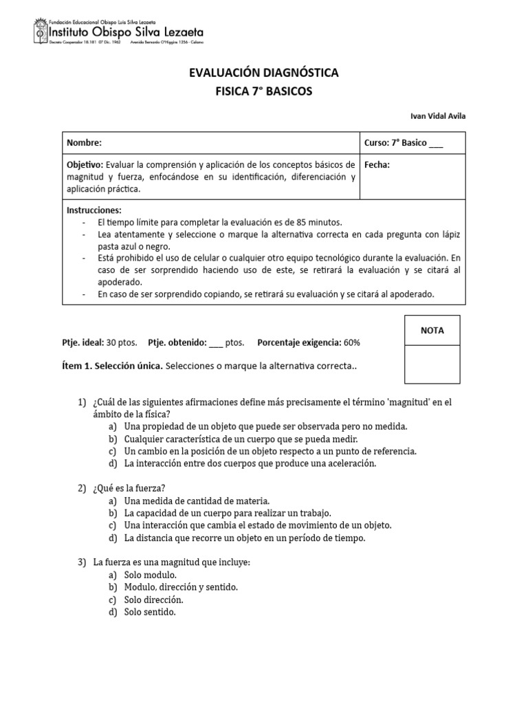 Evaluación Diagnóstica Fisica Septimo | PDF | Kilogramo | Fuerza