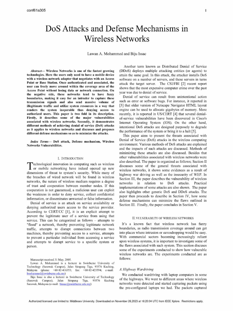 DoS Attacks and Defense Mechanisms in Wireless Networks | PDF | Denial Of Service Attack ...