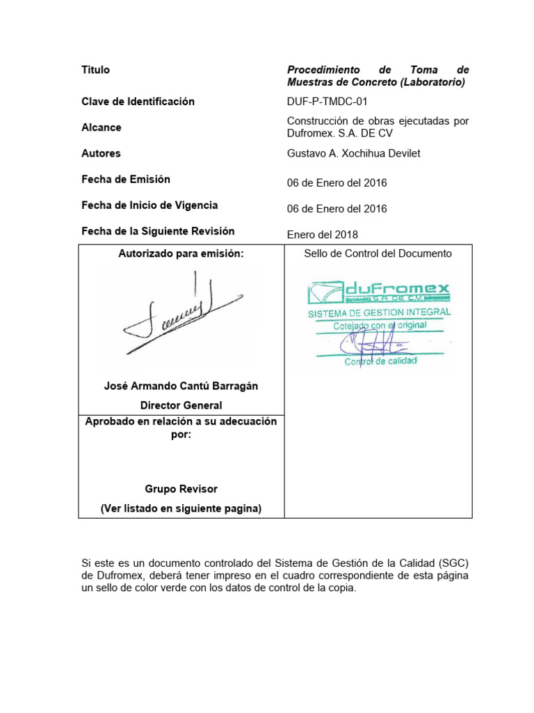 Duf-P-Edco-01 Procedimiento de Toma de Muestras de Concreto. | PDF | Hormigón | Cemento