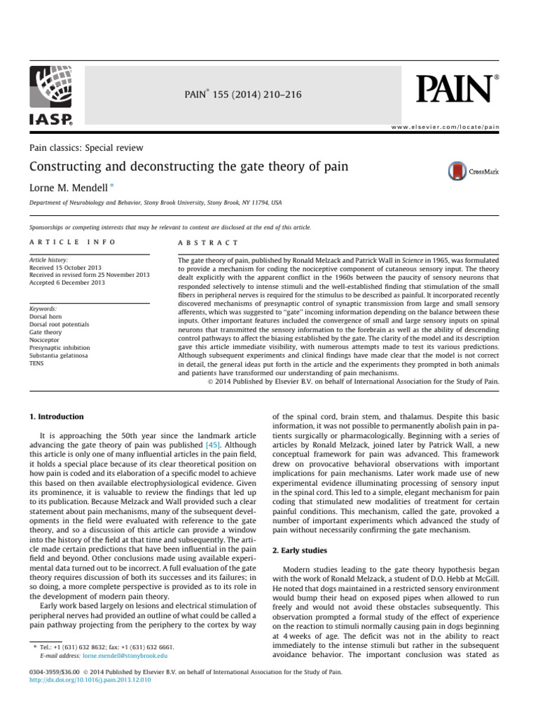 COnstructing and Deconstructing The Gate Theory of Pain | PDF | Pain | Axon