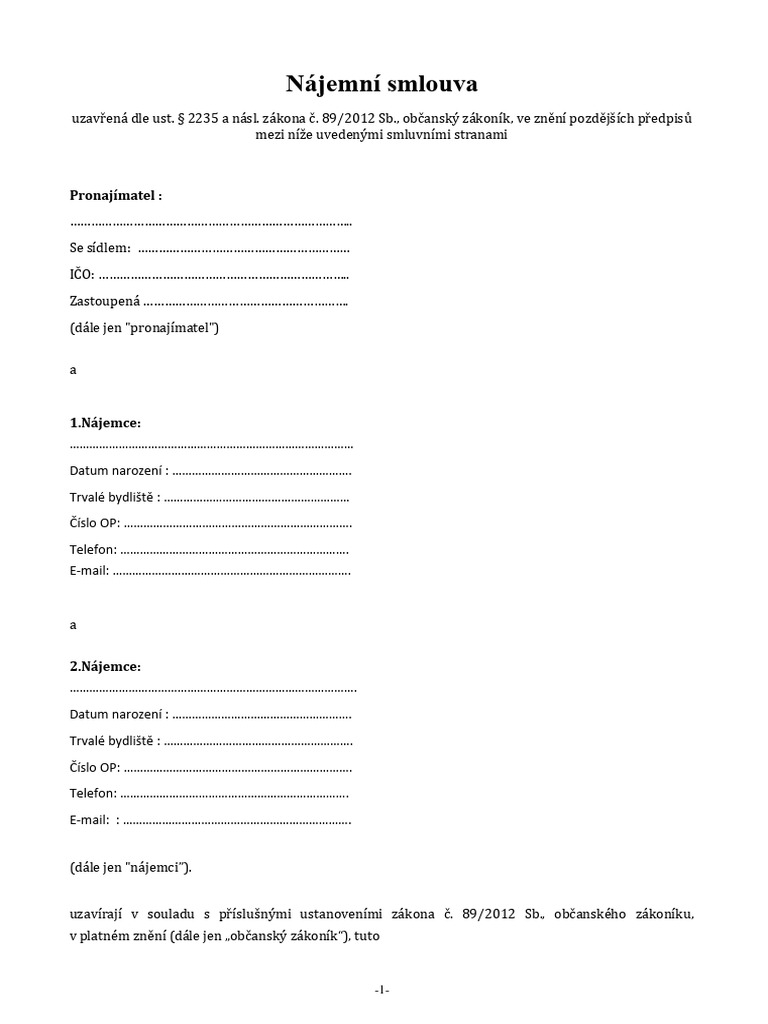 Najemni Smlouva Studenti Vzor | PDF