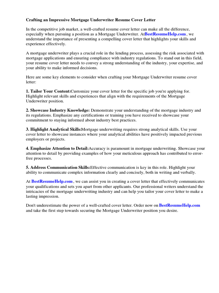 Mortgage Underwriter Resume Cover Letter | PDF | Mortgages | Underwriting