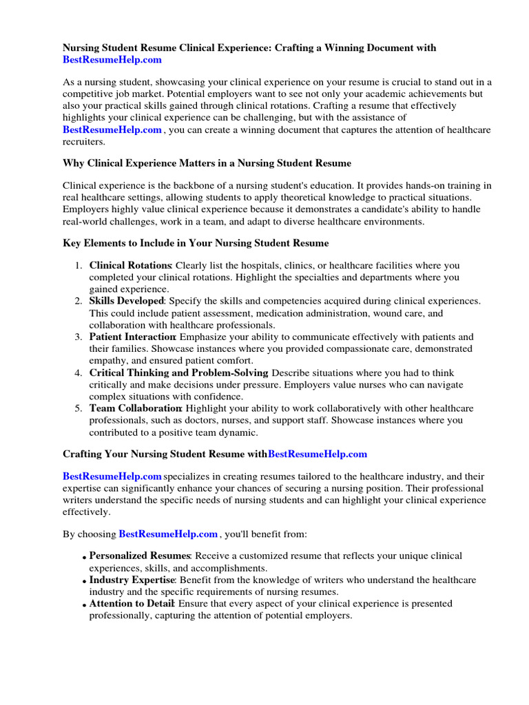 Nursing Student Resume Clinical Experience | PDF | Nursing | Health Care