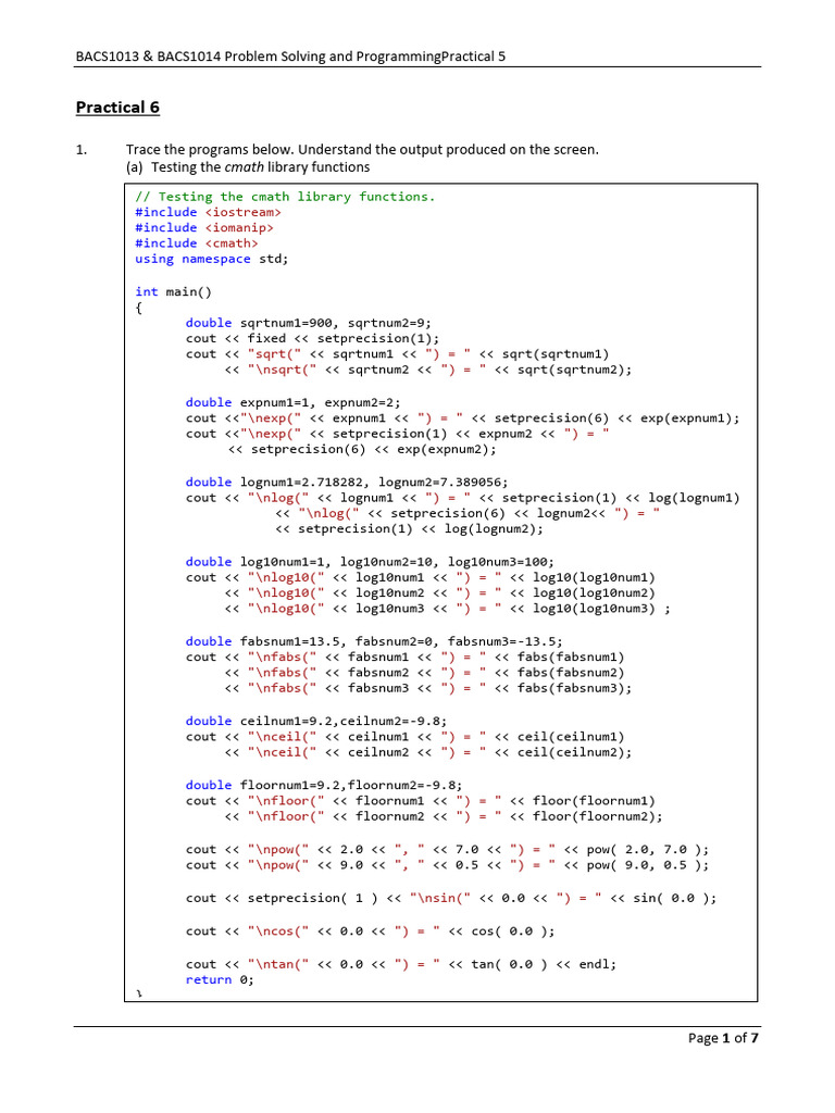 Practical 6 Standard Functions Pdf Namespace Computer Science