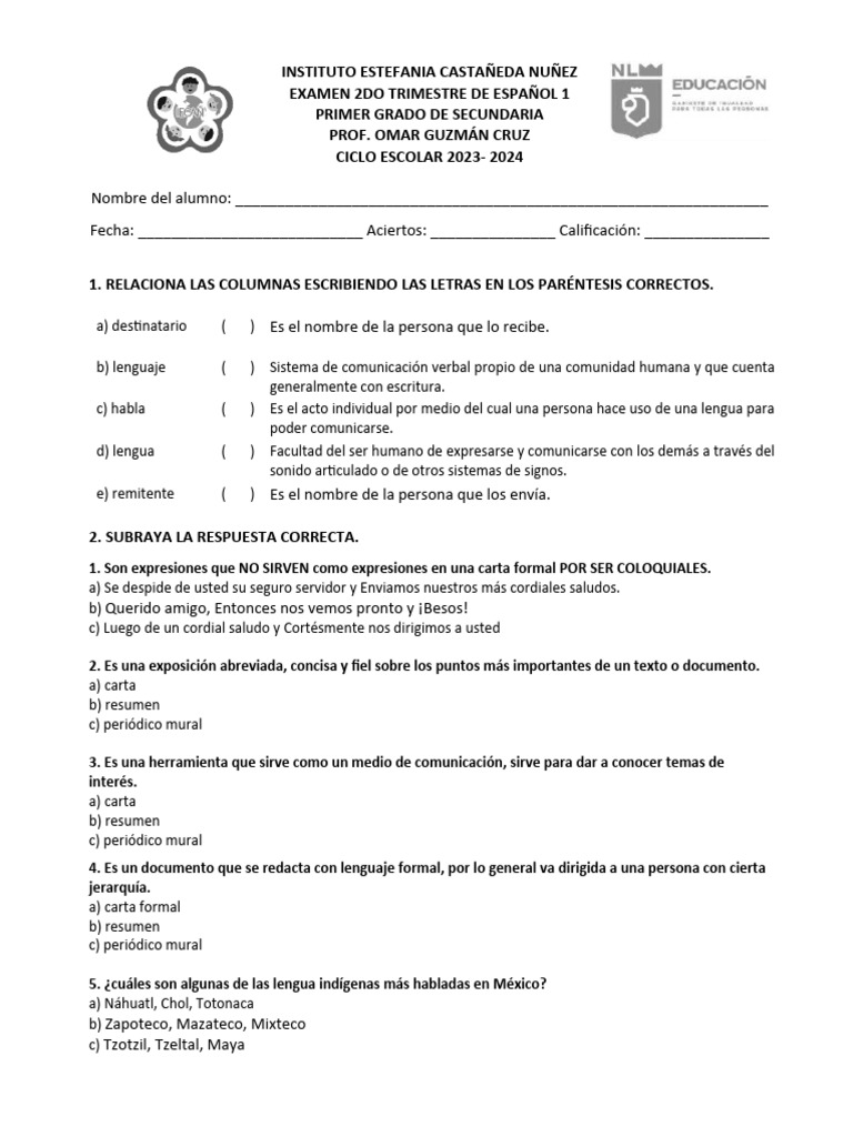 Examen Español 1 Secundaria Trimestre 2 | PDF | México | Idiomas