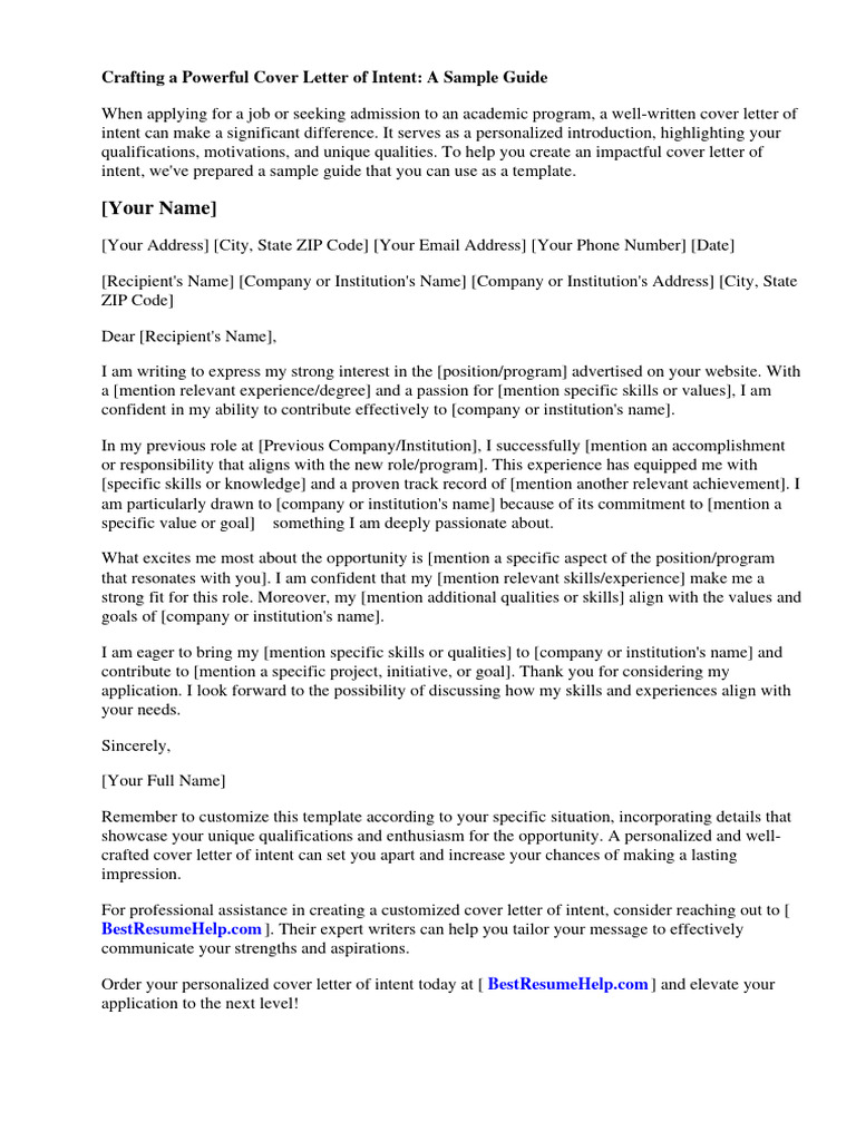 Cover Letter of Intent Sample | PDF