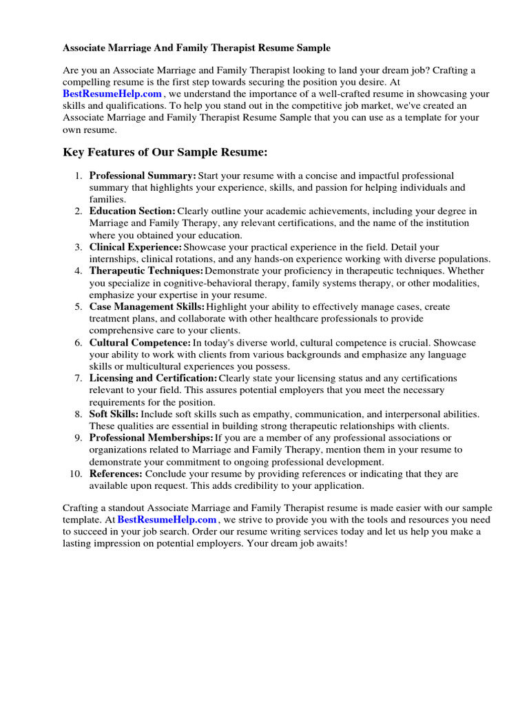 Associate Marriage and Family Therapist Resume Sample | PDF ...