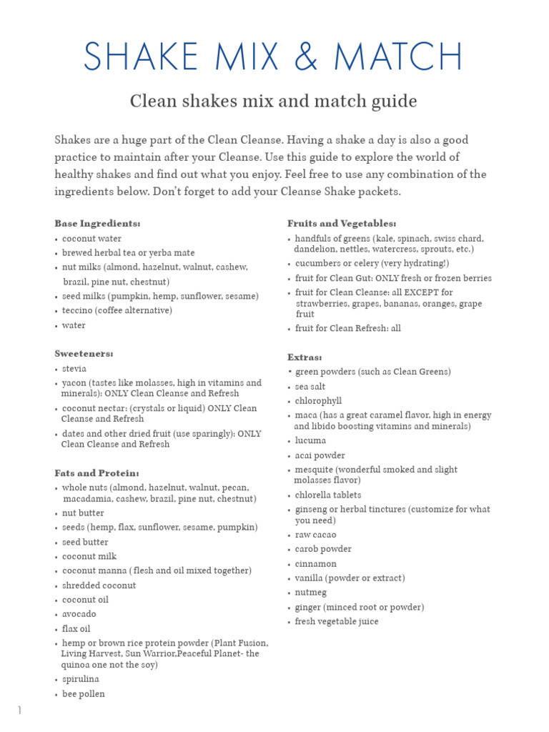 Cleanse Shake Mix and Match | PDF | Chocolate | Fruit