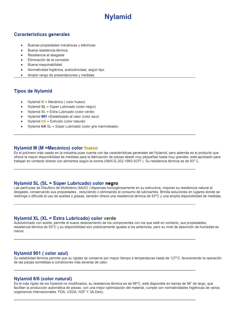 Nylamid Tipos y Caracteristicas | PDF | Lubricante | Materiales