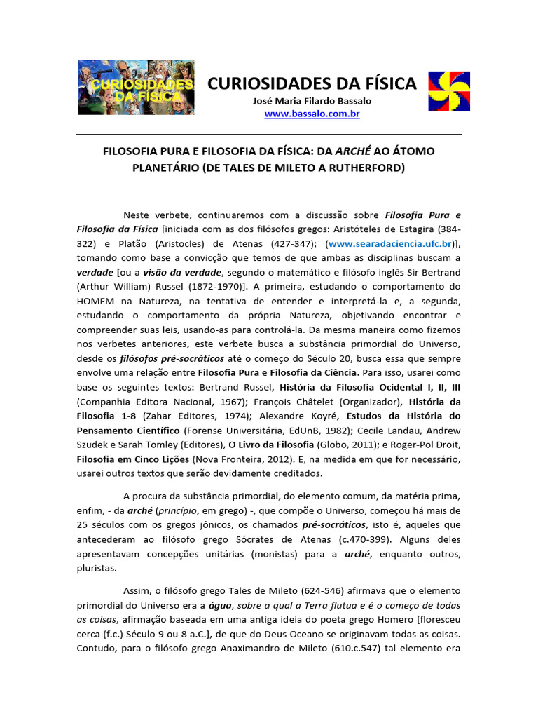 03 Filosofia Pura e Filosofia Da Física - Da Arché Ao Átomo Planetário ...