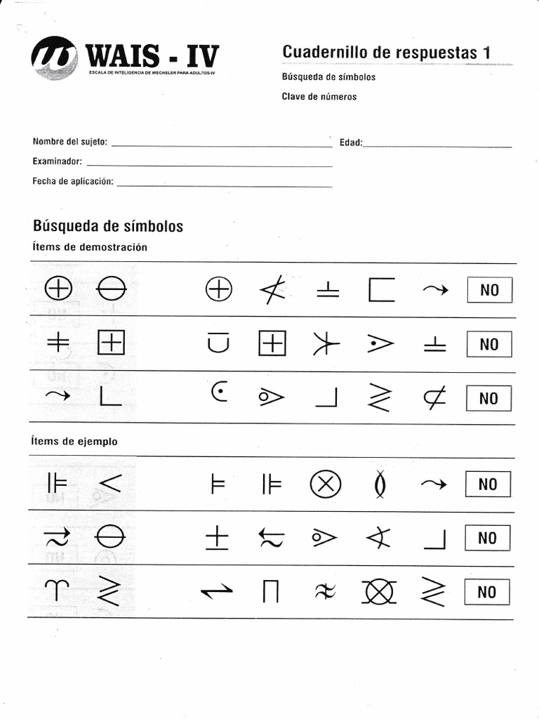 WAIS IV. Cuadernillo de Respuesta 1. Búsqueda de Símbolos y Clave de ...