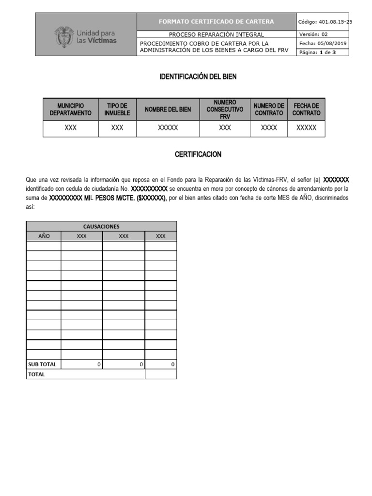 91.2. Formato Modelo Certificado de Cartera V2 | PDF