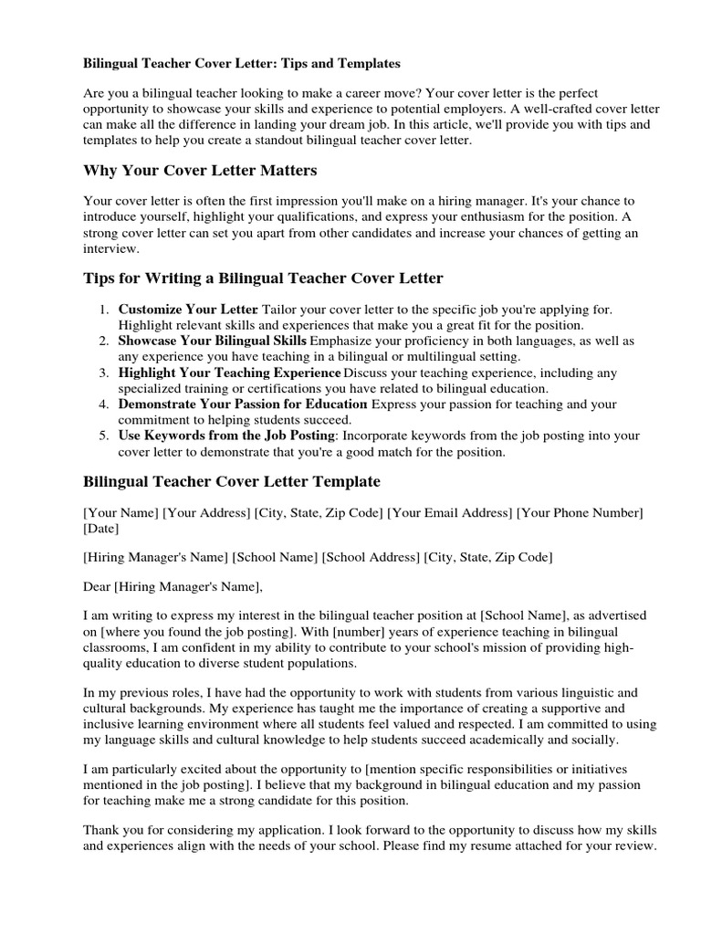 Bilingual Teacher Cover Letter Sample | PDF | Teachers | Multilingualism