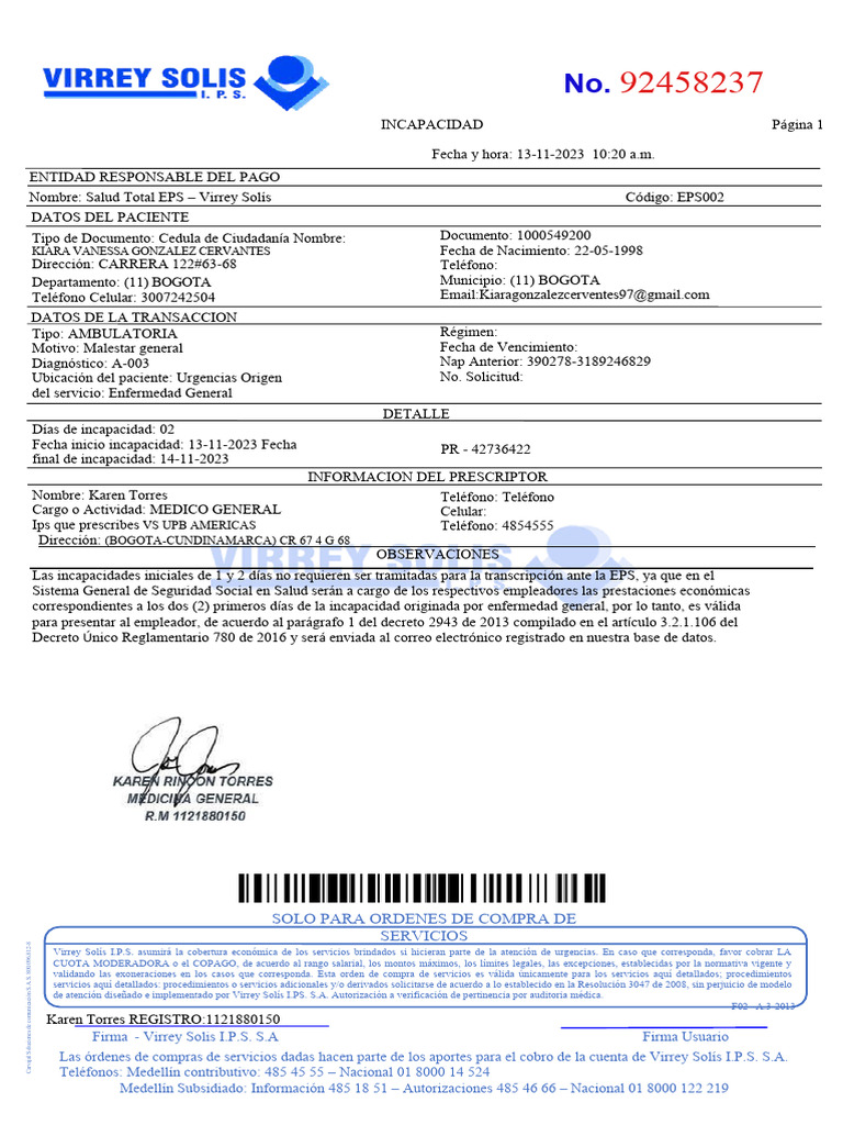 Formato Incapacidad Virrey Solis | PDF
