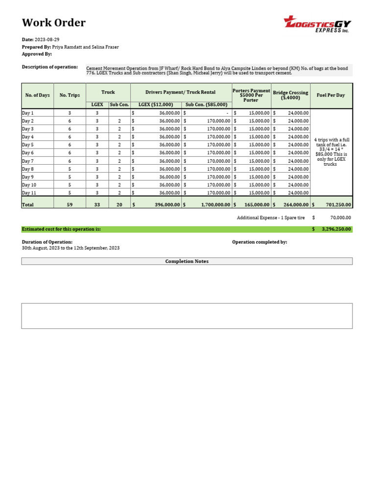 Cement Operation Work Order | PDF | Transport | Vehicles