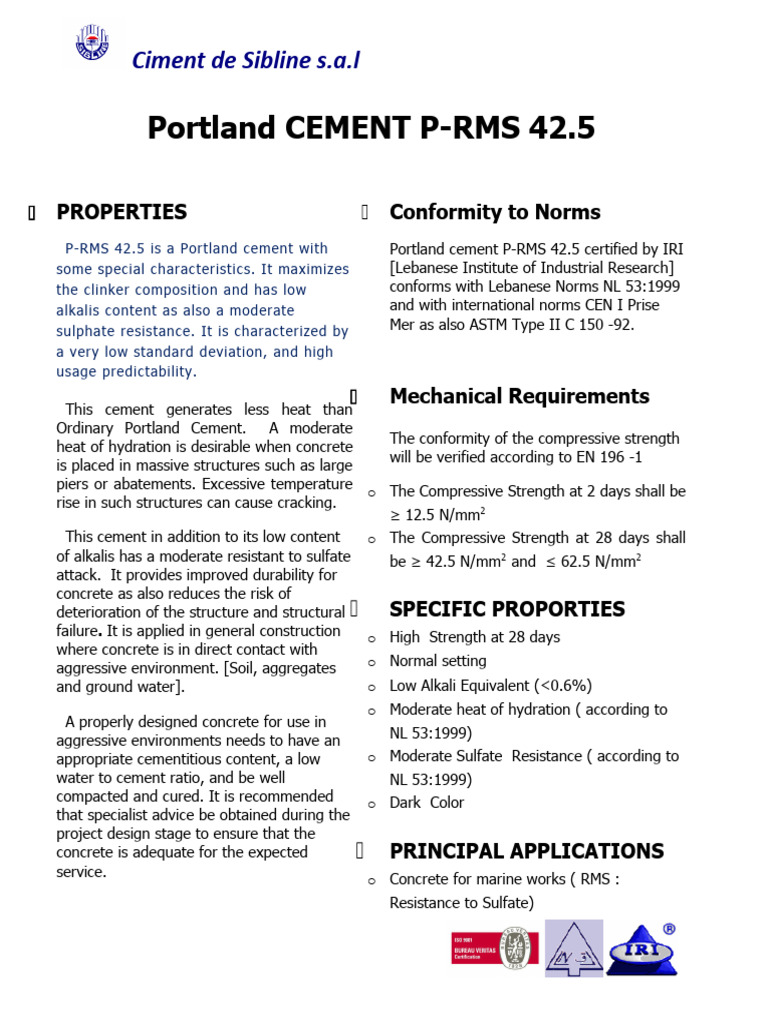 Characteristic CEMENT P-RMS 42 5 V2 | PDF | Cement | Concrete