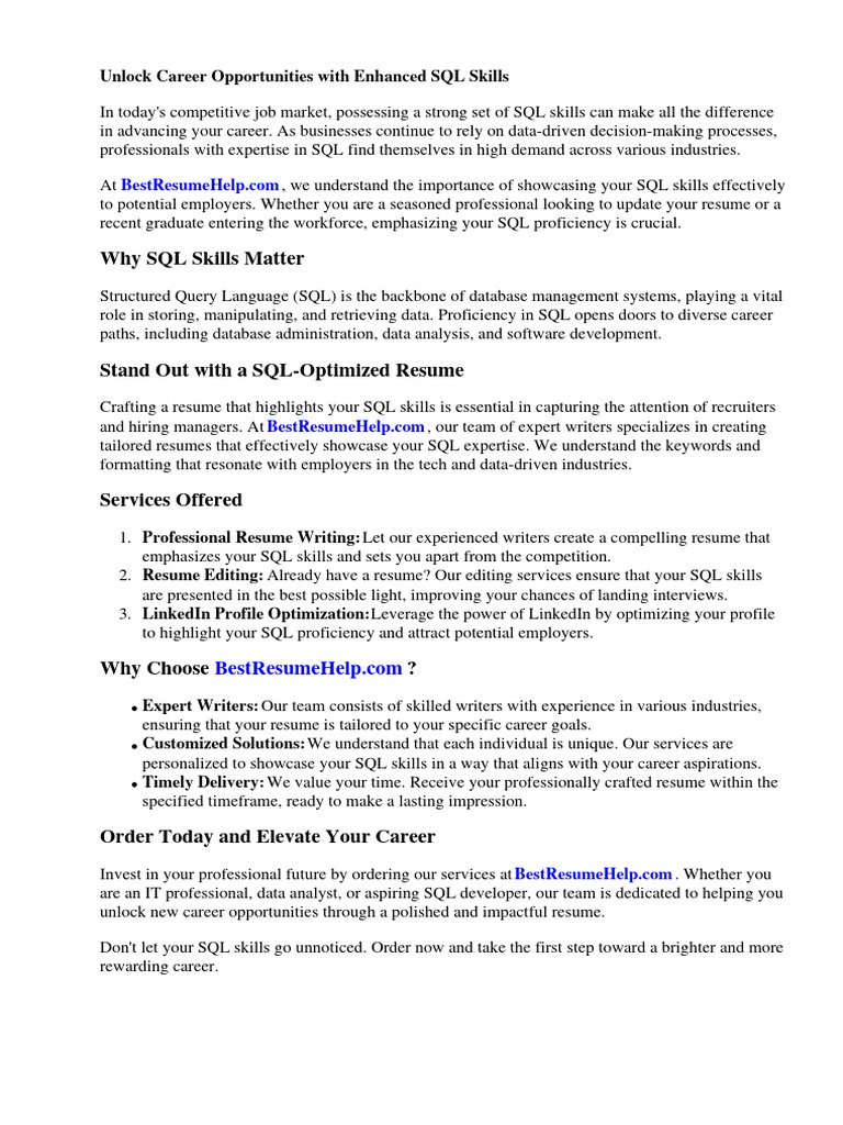 SQL Skills Resume | PDF | Databases | Microsoft Sql Server SQL Skills Resume | PDF | Databases | Microsoft Sql Server