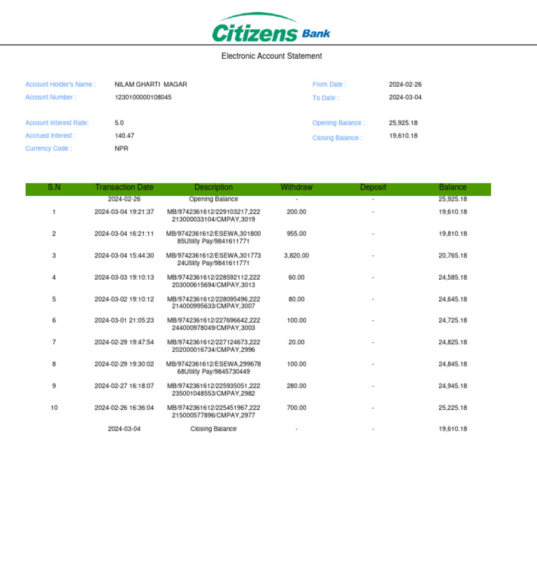 Electronic Account Statement: Account Holder's Name: Account Number ...