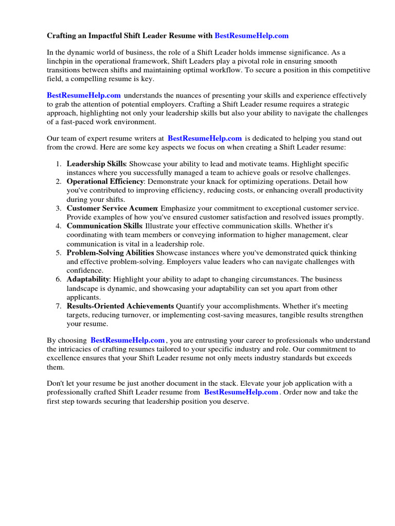 Shift Leader Resume | PDF | Leadership | Employment