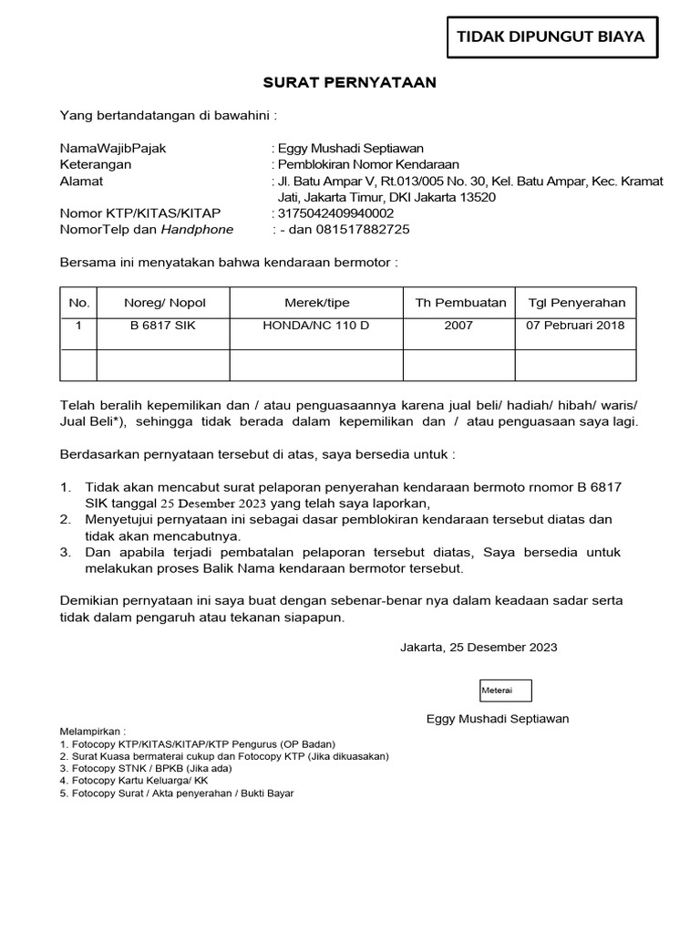 Form Surat Pernyataan Blokir STNK | PDF
