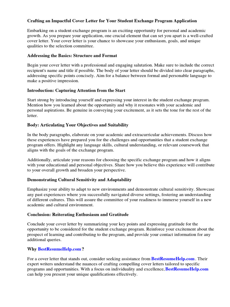 Cover Letter For Student Exchange Program | PDF | Motivational | Motivation
