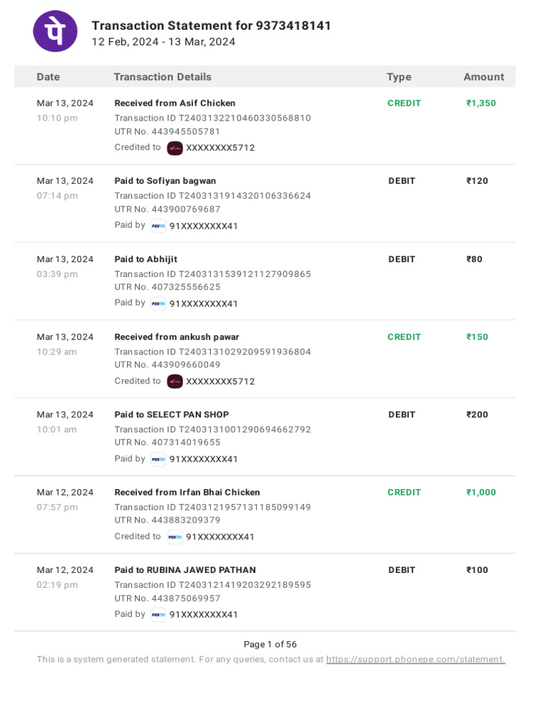 PhonePe Statement Feb2024 Mar2024 | PDF | Debit Card | Debits And Credits