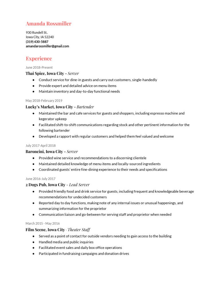 Amanda Resume | PDF | Waiting Staff | Menu