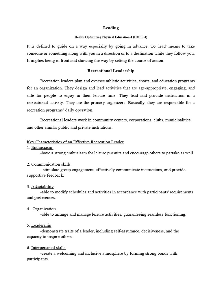 Recreational Leadership | PDF | Recreation | Leadership